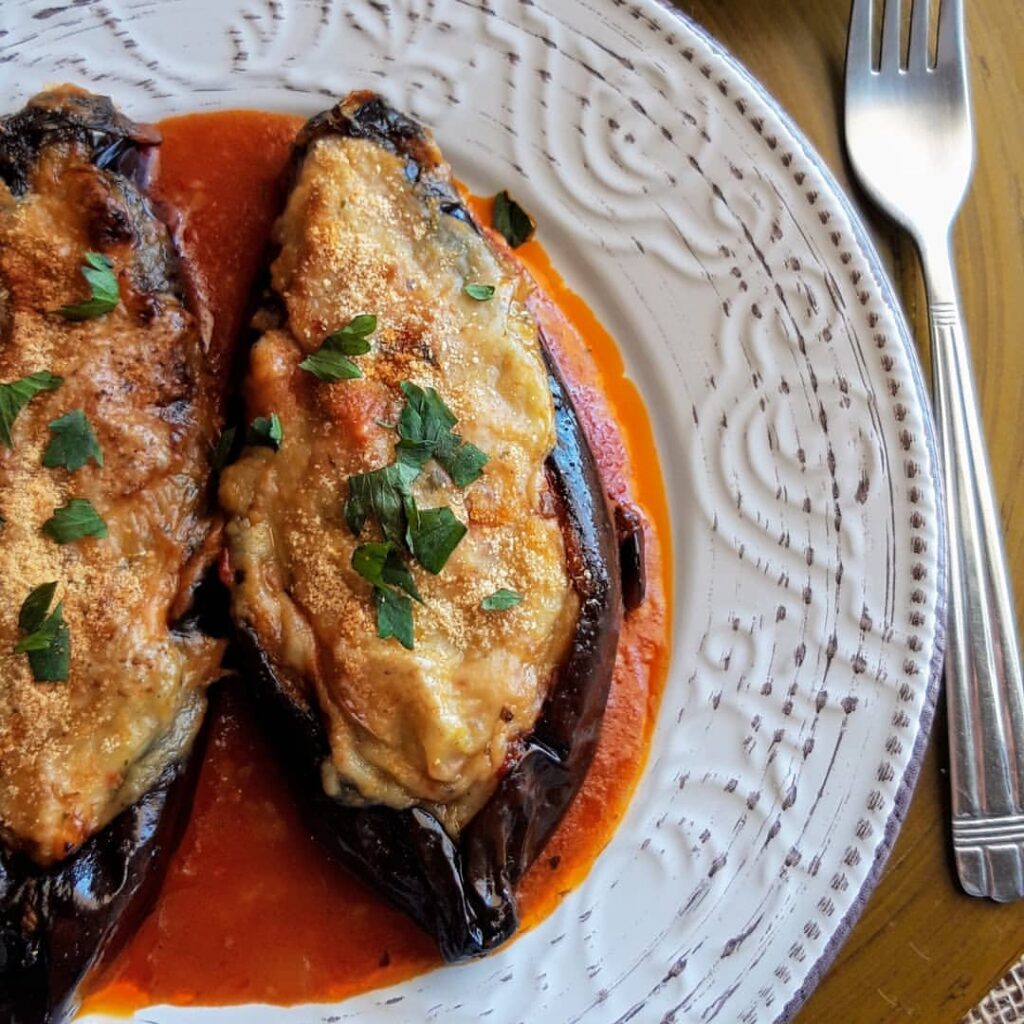 Vegan Melitzanes Papoutsakia (Stuffed Eggplants) with Mushroom Mince ...